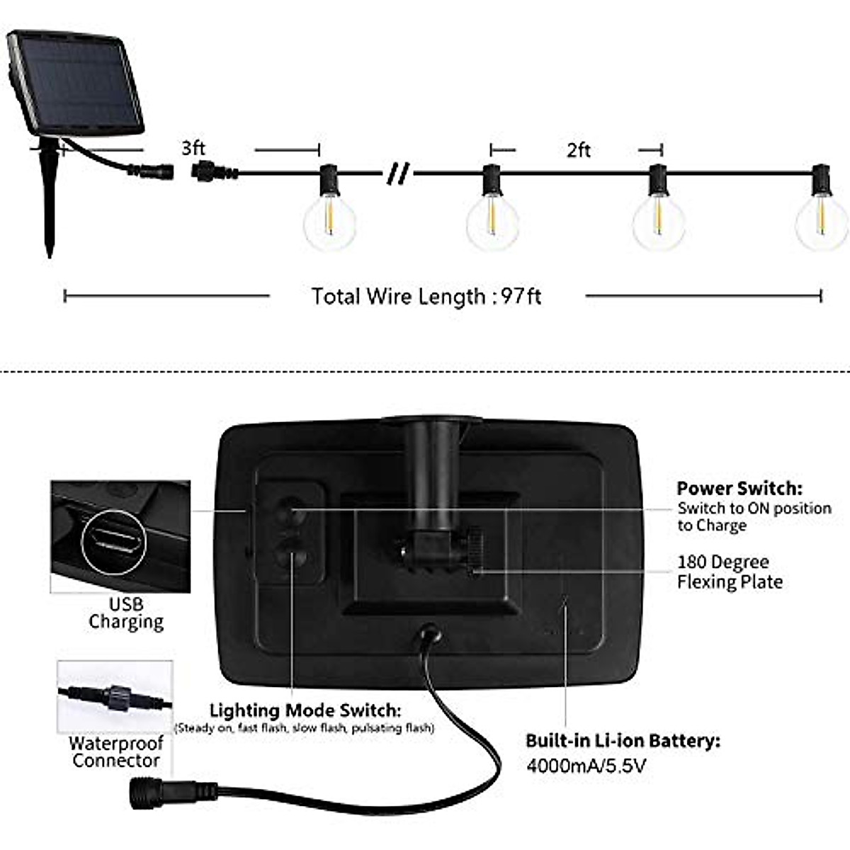 SUNTHIN Solar String Lights Outdoor, 97ft Solar Patio Lights with 48 Shatterproof G40 LED Bulbs, Waterproof Solar Powered Outdoor Lights for for Garden, Backyard, Porch, Deck, Pergola, Camping, Party
