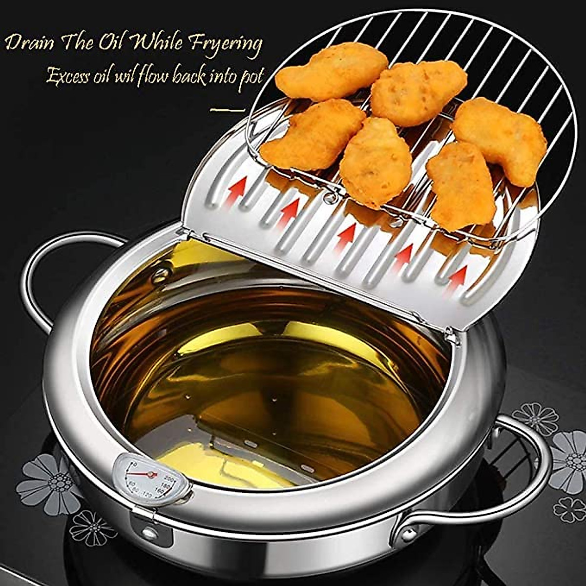 Deep Fryer Pot, 3.4L Tempura Deep Frying Pot 304 Stainless Steel with Temperature Control and Oil Filter Rack for French Fries and Chicken(9.5inch）