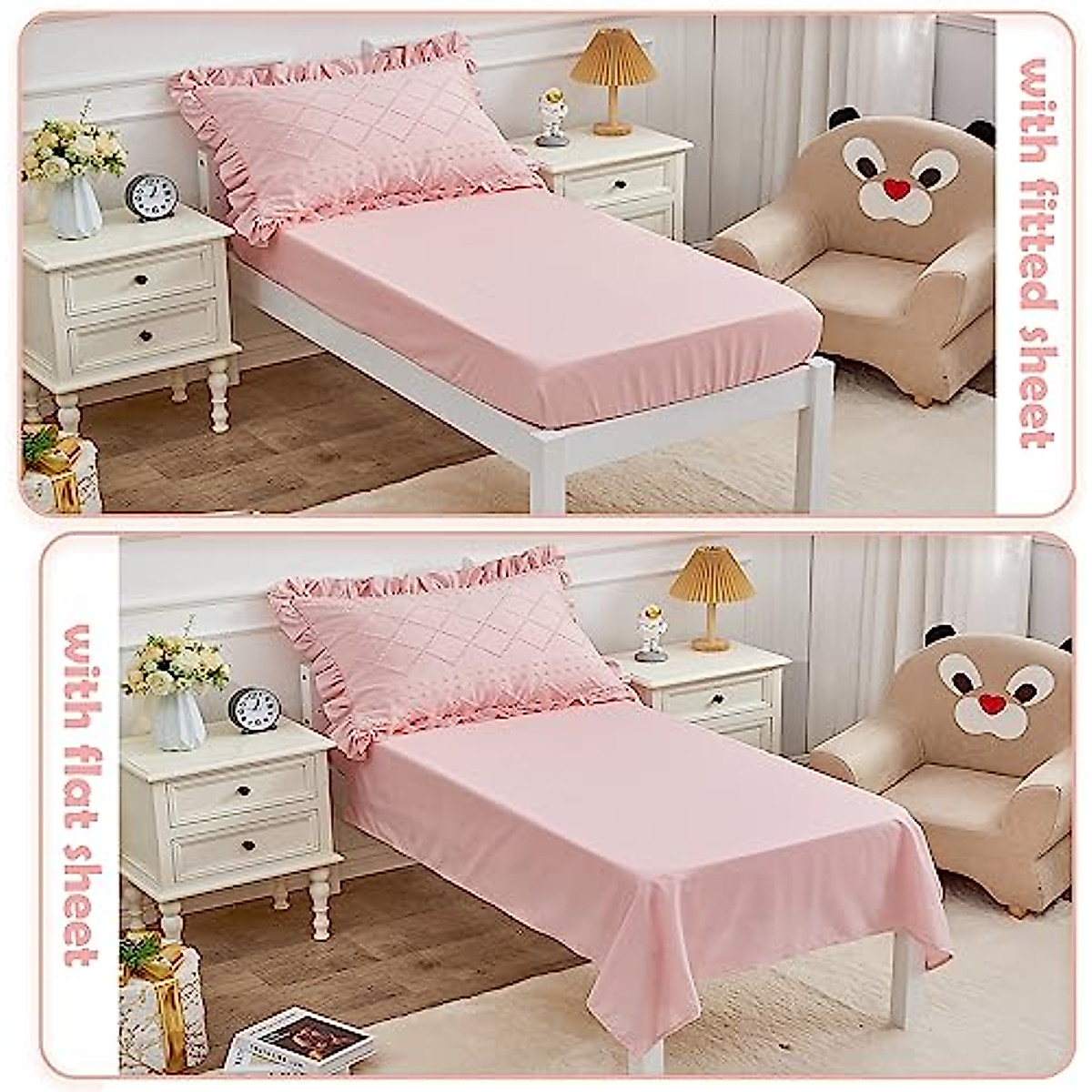 4 Piece Boho Tufted Toddler Bedding Set for Girls Pink Ruffle Bed Sheets Set Soft Jacquard Embroidery Crib Bedding Comforter Set for Baby | Include Comforter, Flat Sheet, Fitted Sheet, Pillowcase