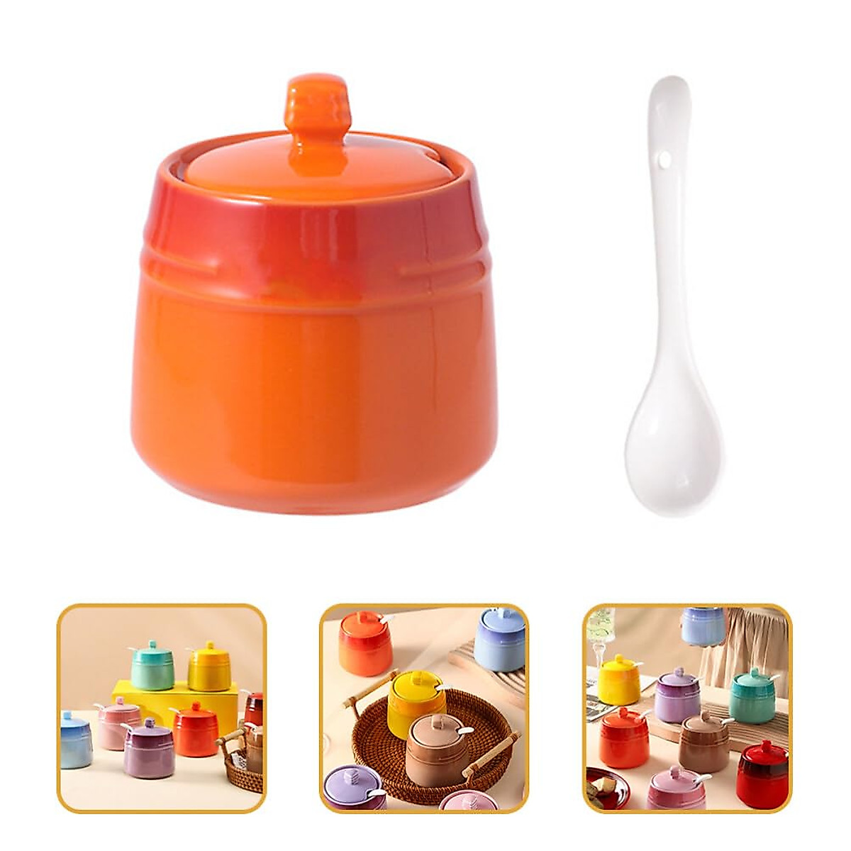 Luxshiny Salt Pig Ceramic Sugar Bowl with Lid and Spoon Porcelain Sugar Salt Pepper Storage Jar Seasoning Container Sugar Holder Sugar Cube Jar Coffee Bar Accessories Orange