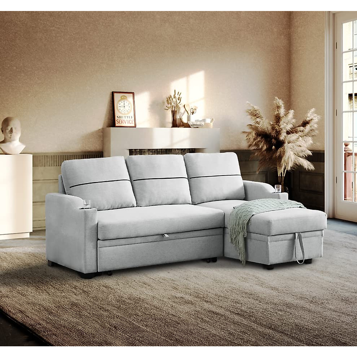 Melpomene Convertible Sectional Sofa Couch Pull Out Bed Sleeper Sofa with Storage 3 Seater L Shaped Couch Linen Upholstered Fabric Corner Sofa with 2 Cupholders for Living Room (Grey)