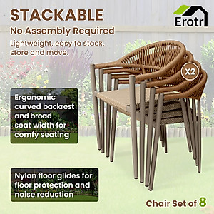 Erotr 4 Pcs Aluminum Patio Chairs, Stackable Rattan Patio Dining Chair with Arms, Woven Rope Outdoor Dining Armchair Metal Assembled for Bistro Garden Balcony Dining Room Cafe Restaurant, Light Brown