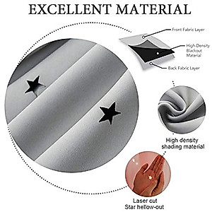 Unistar 2 Panels Stars Blackout Curtains for Bedroom Girls Kids Baby Window Curtain Double Layer Star Cut Out Aesthetic Living Room Decor Wall Home Decorations Curtain,W52 x L95 Inches,Grey