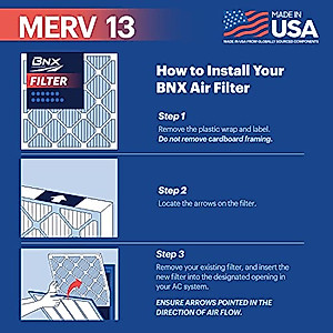 BNX 20x20x1 MERV 13 AC Furnace Air Filter 4 Pack - MADE IN USA - Electrostatic Pleated Air Conditioner HVAC AC Furnace Filters - Removes Pollen, Mold, Bacteria, Smoke