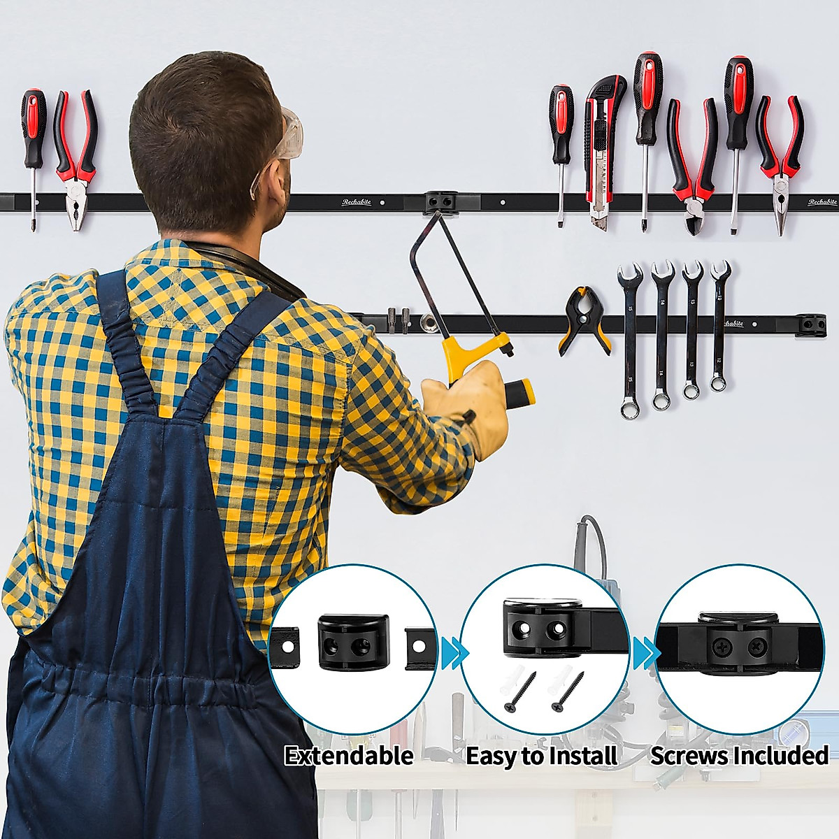 Rechabite 6 Pieces 24" Magnetic Tool Holder Strip, Black Magnet Bar, Metal Tool Organizer Rack for Garage Organization, Easy To Install in Workshop, Mounting Screws Included
