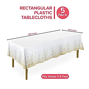 NORZEE 5-Pack White Disposable Plastic Tablecloths,Gold Dot Confetti Rectangular Table Covers 54" x 108" Plastic Table Cloth, Rectangle Table Cover