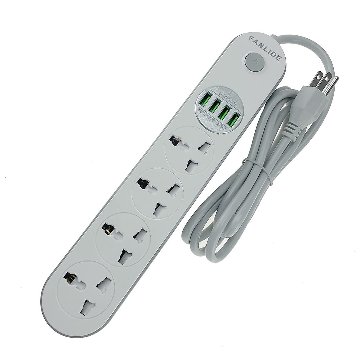 FANLIDE Universal Power Strip with USB Ports, 4 Outlets 4 Smart USB (5V 3.4A 17W), 6.5ft Power Cord, 2500W Circuit Breaker, Child Safe Door, for Cruise Ship,Dorm Room Multi Plug Extender