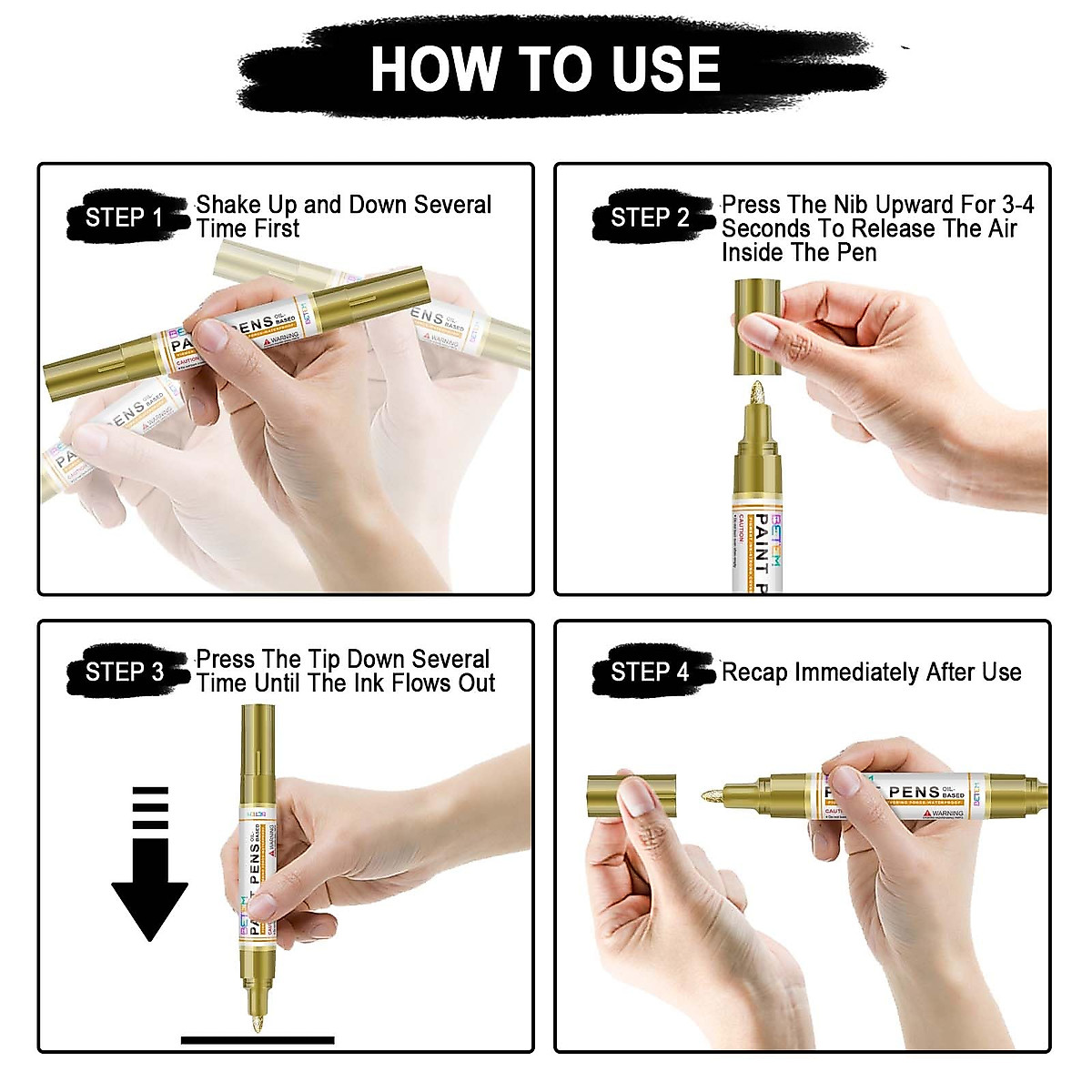 Betem Oil Based Paint Markers, Dual Tip Paint Pens(0.7mm & 3mm), Gold Silver Permanent Paint Marker Pen, Waterproof, Quick Dry, for Fabric, Rock Painting, Wood, Plastic, Metal, Canvas (2Gold2Silver)