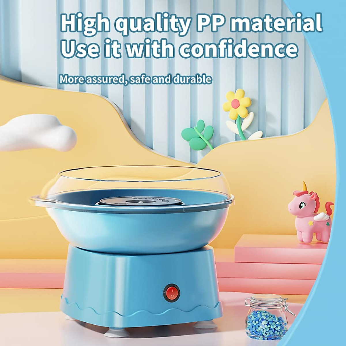Cotton Candy Machine for Kids, 500W Efficient Electric Heating, Electric Cotton Candy Maker with Large Food Grade Splash-Proof Plate for Home Kids Birthday Family Party（blue）