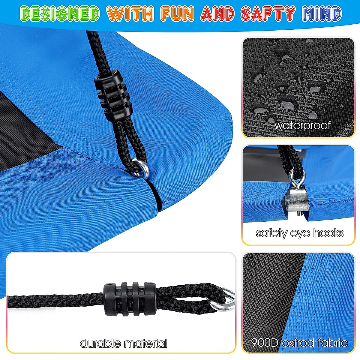 700lb Giant Platform Swing for Kids Adults with 2 Hanging Straps, Flying Saucer Tree Swing Set for Backyard Outdoor Indoor, Durable Steel Frame, Waterproof, Adjustable Swivel Ropes (Blue, Rectangle)