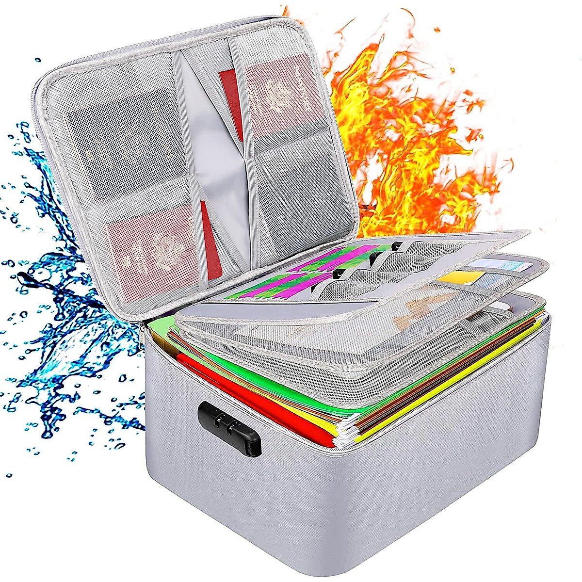 ENGPOW Fireproof & Water-Resistant Document Storage Bag 4-Layer Large Space,15" x 11" x 8" File Organizer Case with Lock,Document Safe Filing Organizer for Home Office Travel,Silver