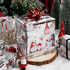 Flyhill Christmas Reversible Wrapping Paper Roll-17in X 33ft(46.8 sqft)-Metallic Foil Shine Red and Gray Gnomes & Christmas Trees Patterns with Joy letterings,Snowflake,Candy Canes for Birthday,Party