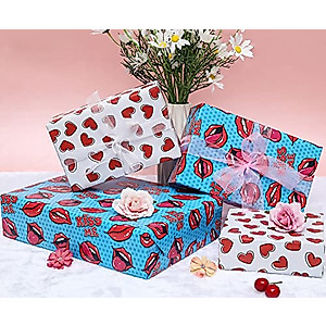 CAMKUZON Reversible Wrapping Paper for Valentine's Day, Birthday, Wedding, Holiday - 3 Large Sheets Red Lip with KISS ME and Heart Design Gift Wrap - 27 Inch X 39.4 Inch Per Sheet