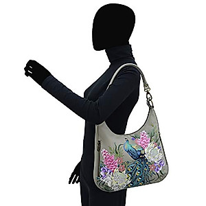 Anuschka Hand Painted Women’s Genuine Leather Convertible Slim Hobo with Crossbody Strap - Regal Peacock