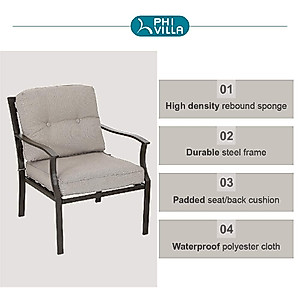 PHI VILLA Patio Conversation Sets 3 Piece Outdoor Bistro Set, 2 Steel Patio Chairs with Padded Cushions & 1 Coffee Side Metal Table