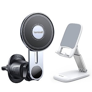 Lamicall Car Phone Mount & Foldable Phone Stand White -Bundle