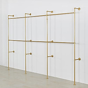 ZGZR Wall Mounted Industrial Pipe Clothing Garment Racks, Metal Clothing Store Display Stands Clothes Rack Multi-purpose Heavy Duty Hanging Rod for Closet Storage, 134in Gold