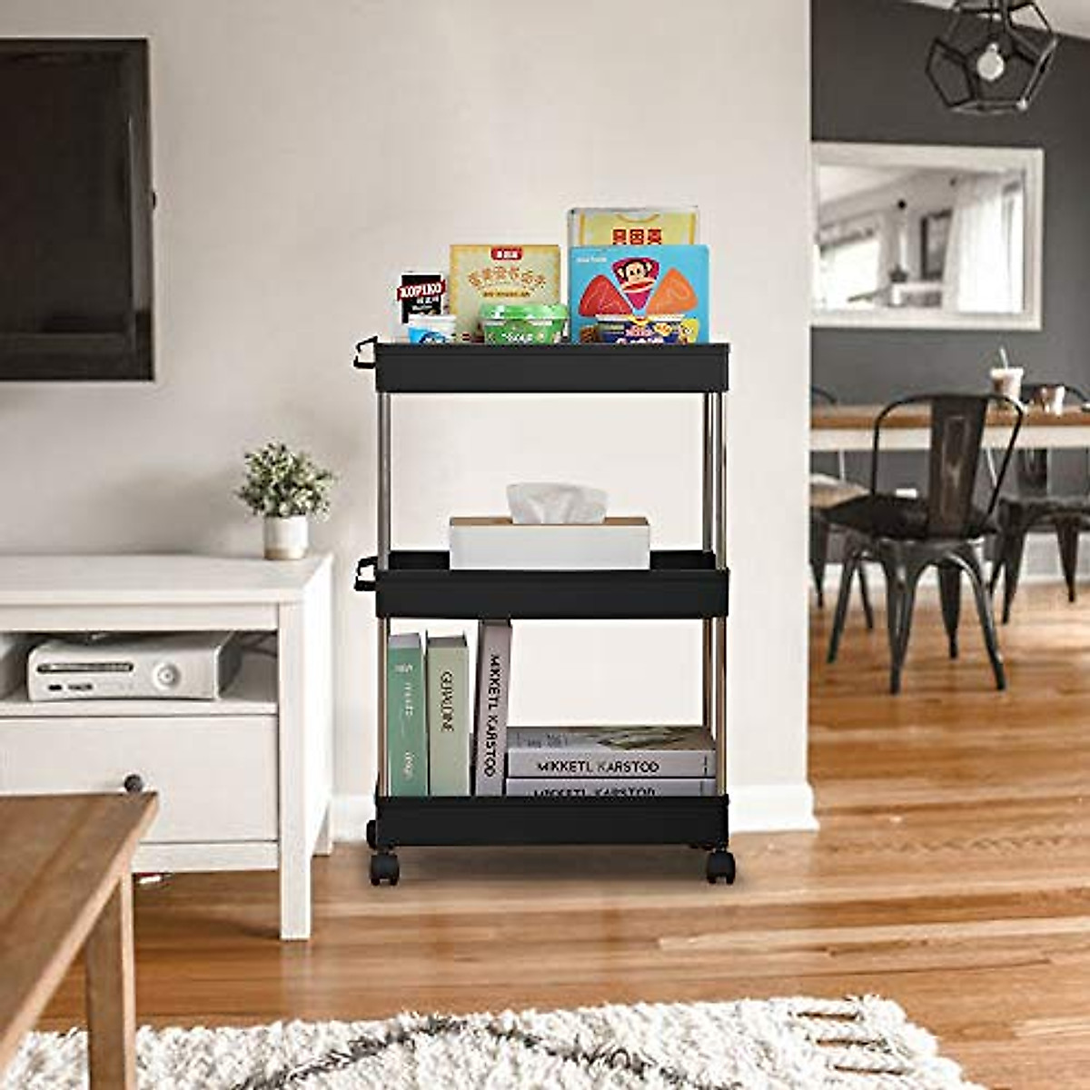 Slim Storage Cart,DLO 3 Tier Bathroom Cart Mobile Shelving Unit Organizer Slide Out Storage Rolling Utility Cart Tower Rack for Kitchen Bathroom Laundry Narrow Places,Black