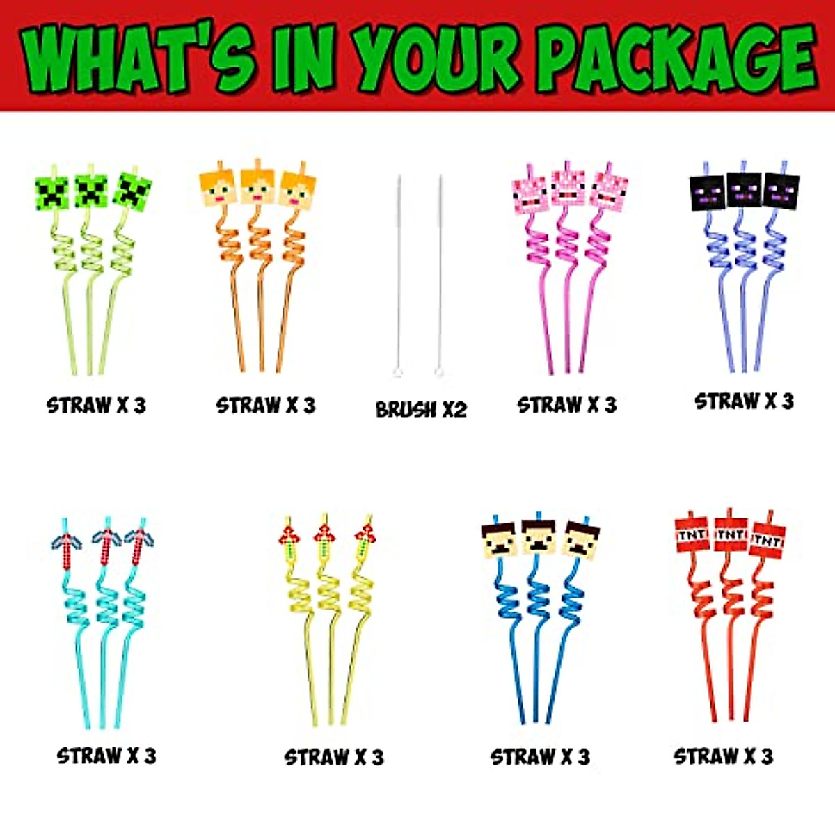 NITELUO 24Pcs Miner Craft Birthday Party Supplies Reusable Drinking Straws,8 Designs Pixel Themed Party Favors with 2 Cleaning Brush MWXG