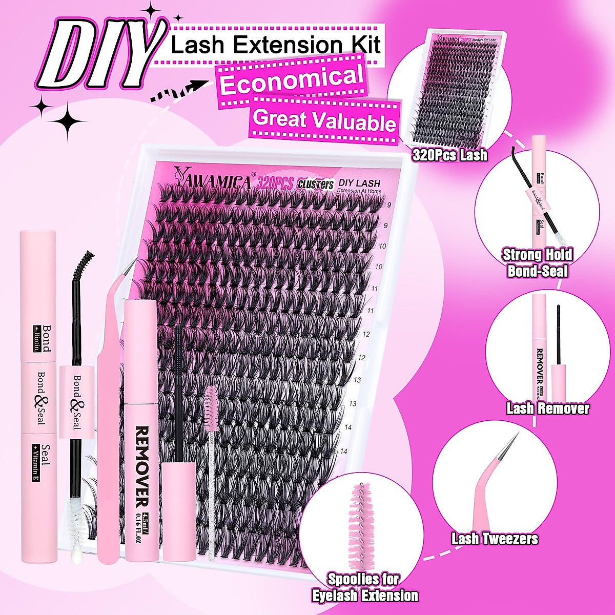 Eyelash Extension Kit 320pcs Lash Clusters D Curl 9-16mm Mix 40D Individual Lashes with Lash Bond and Seal and Remover Lash Applicator for Lash Extension Beginners