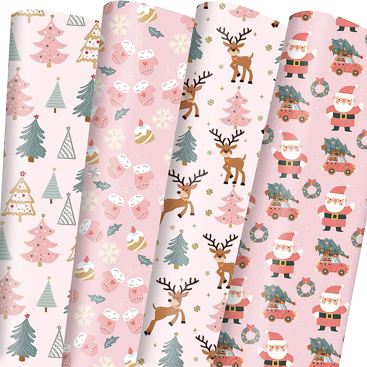 Vnaaem Pink Christmas Wrapping Paper for Boys Girls Kids - Cute Xmas Gift Wrap With Santa Christmas Tree Reindeer Design for Christmas Holiday Party Celebration - 20 X 28Inches Per Sheet(8 Pack)