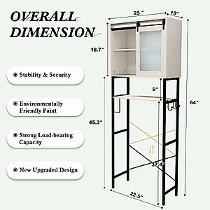 AZODY Over The Toilet Storage Cabinet with Sliding Door,Over Toilet Bathroom Storage Organizer with Adjustable Shelf,Toilet Paper Holder and 3 Hanging Hooks,Space Saver Storage Shelf,White