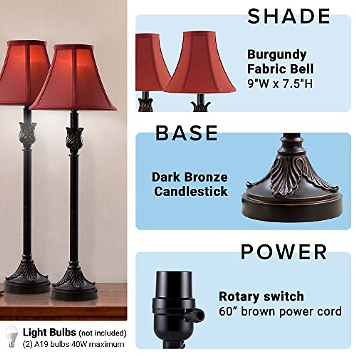 Catalina Lighting 25.75" Brenda Bronze Set of 2 Buffet Table Lamps with Burgundy Fabric Bell Shades, Bronze