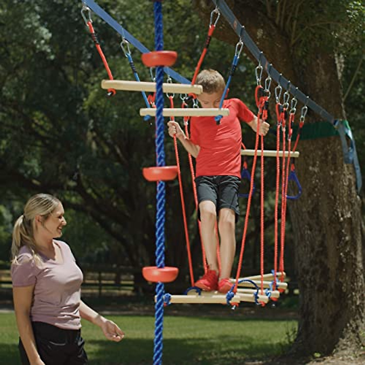 Ninja Slackline Obstacle Course for Kids - 80 Foot Line | Monkey Bars Playground Equipment | Ninja Warrior Course with Monkey Bars for Kids | (Rickety Bridge Edition) - Patented Double Line