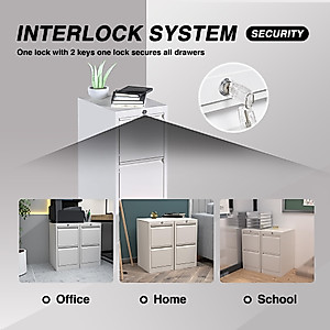 Reemoon Metal File Cabinet with Lock, Drawers Vertical Filing Stoage Cabinets for Home Office, Small and Narrow Filing Cabinet for Hanging Letter/Legal/A4 Folders (White, 2 Drawers) (ZKWJG)