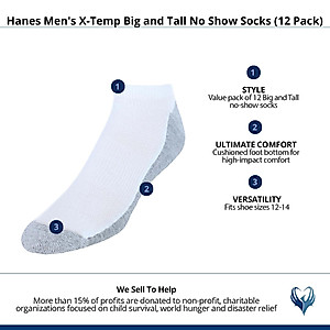 Hanes Men's, X-Temp Cushioned No Show Socks, 12-Pack, White, 6-12