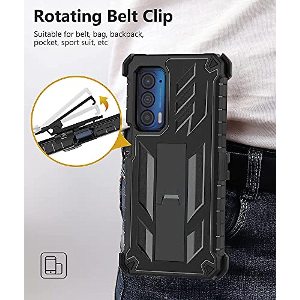 for Motorola Edge 2021 / Moto Edge 5G UW Case: Built-in Screen Protector Kickstand Full-Body Military Grade Three-Layer Protective Shockproof Rugged Phone Cover with Belt Clip Holster Black