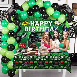 Happy Birthday Game on Level up Green Extra Large Fabric Sign Poster Background Banner 2pcs Waterproof tablecloths and 50pcs Metallic Shiny Latex Balloons for Game Theme Birthday Party Decoration