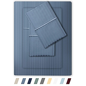 Feather & Stitch 500 TC King Size Damask Bed Sheet Set, 100% Soft Cotton Breathable Bedsheets, 18" Deep Pockets Sateen Weave Striped Bedding Mattress Resort Hotel Luxury Décor - (Blue, King)