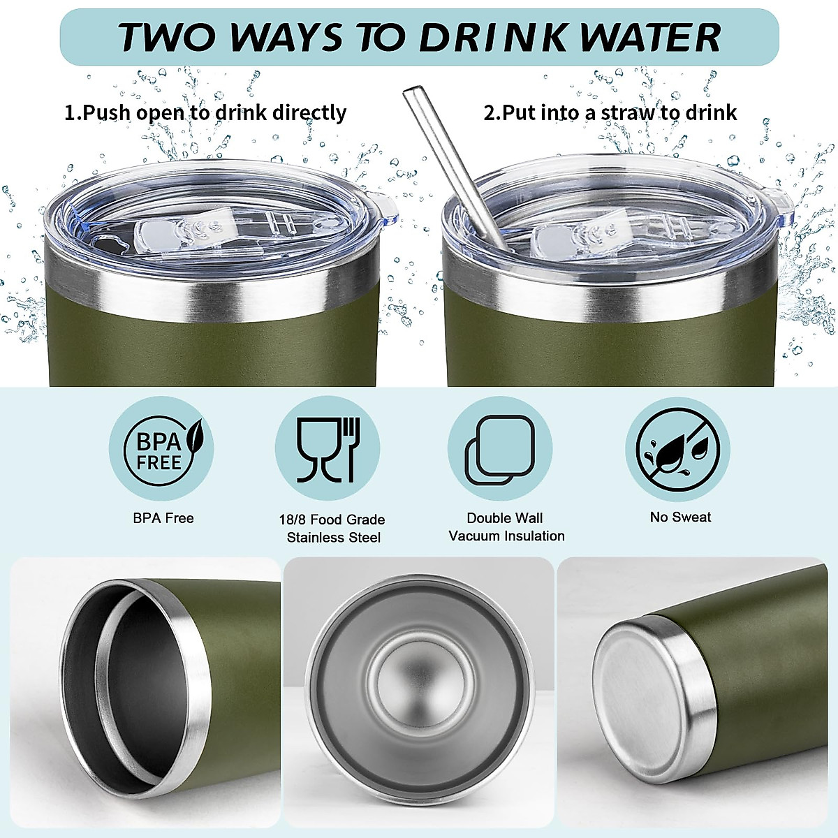 ATIKZHE 20oz Tumbler with Straw and Brush, Stainless Steel Vacuum Insulated tumbler, Double Wall Insulated Coffee Tumbler for Outdoor, Home, Travel,Office (Army Green,1pcs)