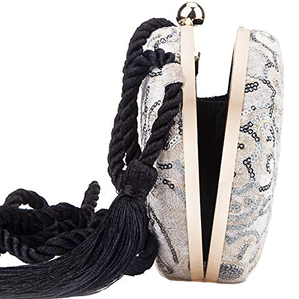 Fawziya Evening Clutch Sequin Embroidery Tassel Round Velvet Medium Novelty Purses For Women Crossbody-Beige