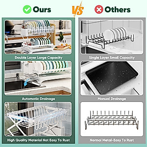 Dish Drying Rack Collapsible & Rustproof, 2 Tier Dish Rack with Drainboard, Wine Glass Holder & Utensil Holder, Dish Racks for Kitchen Counter, Dish Drainer, White