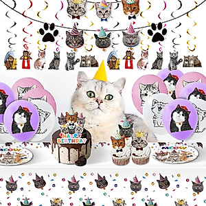 Juhap 96Pcs Cat Birthday Party Supplies, Kitten Birthday Decorations Includes Plates, Napkins, Table Covers, Cake Toppers, Balloons, Cat Banners, Swirls for Meow Kitty Theme Birthday Party Supplies