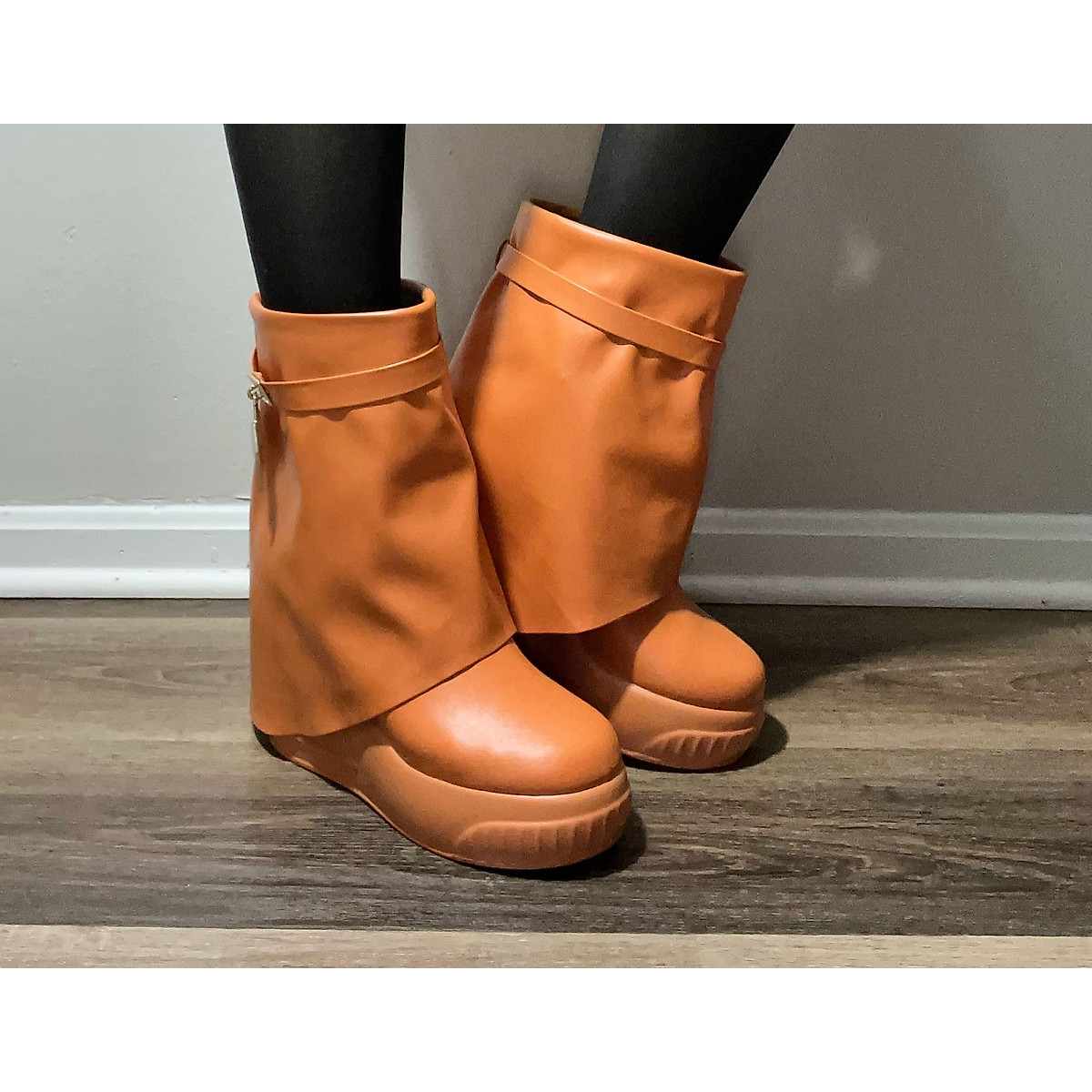 Liliana Women Round Toe Wedge Heel Fold Over Mid-calf Boots Brook-1 Orange Pu 8.5