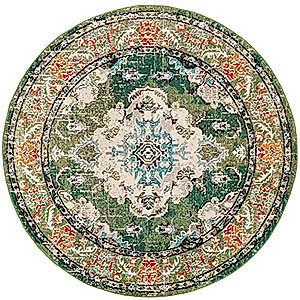 SAFAVIEH Monaco Collection Area Rug - 6'7" Round, Forest Green & Light Blue, Medallion Distressed Design, Non-Shedding & Easy Care, Ideal for High Traffic Areas in Living Room, Bedroom (MNC243F)