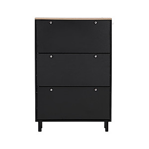 VENBER Narrow Design Shoe Cabinet with 3 Flip Drawers, Wood Grain Pattern Top Entryway Organizer with 3 Hooks, Free Standing Shoe Rack with Adjustable Panel for Hallway (Black)