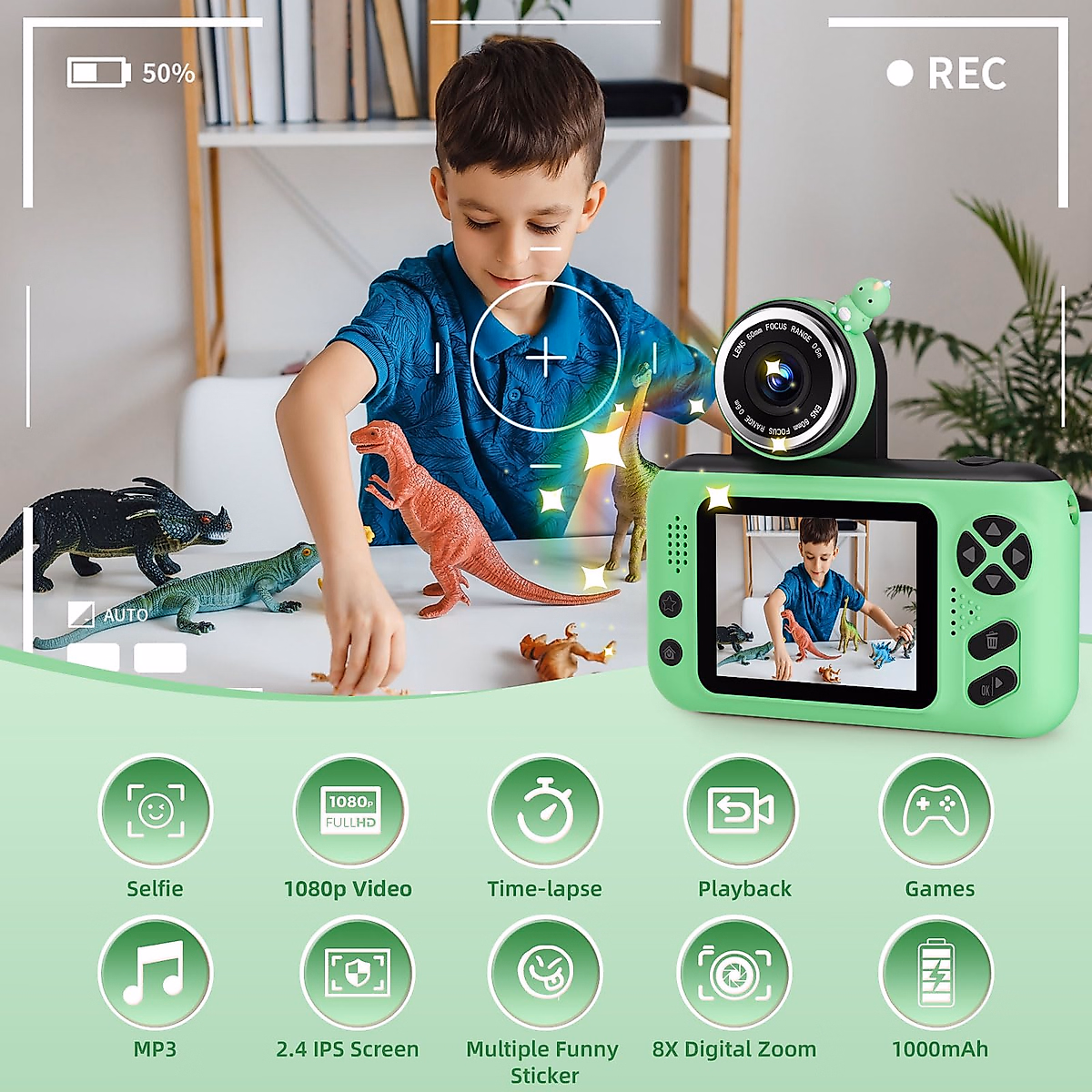 Kids Camera, Christmas Birthday Gifts for Boys and Girls Age 3-8,Video Cameras for Kids 8-12,Childrens Digital Camera for vlogging Portable Kids Selfie Camera with 32GB SD Card Green