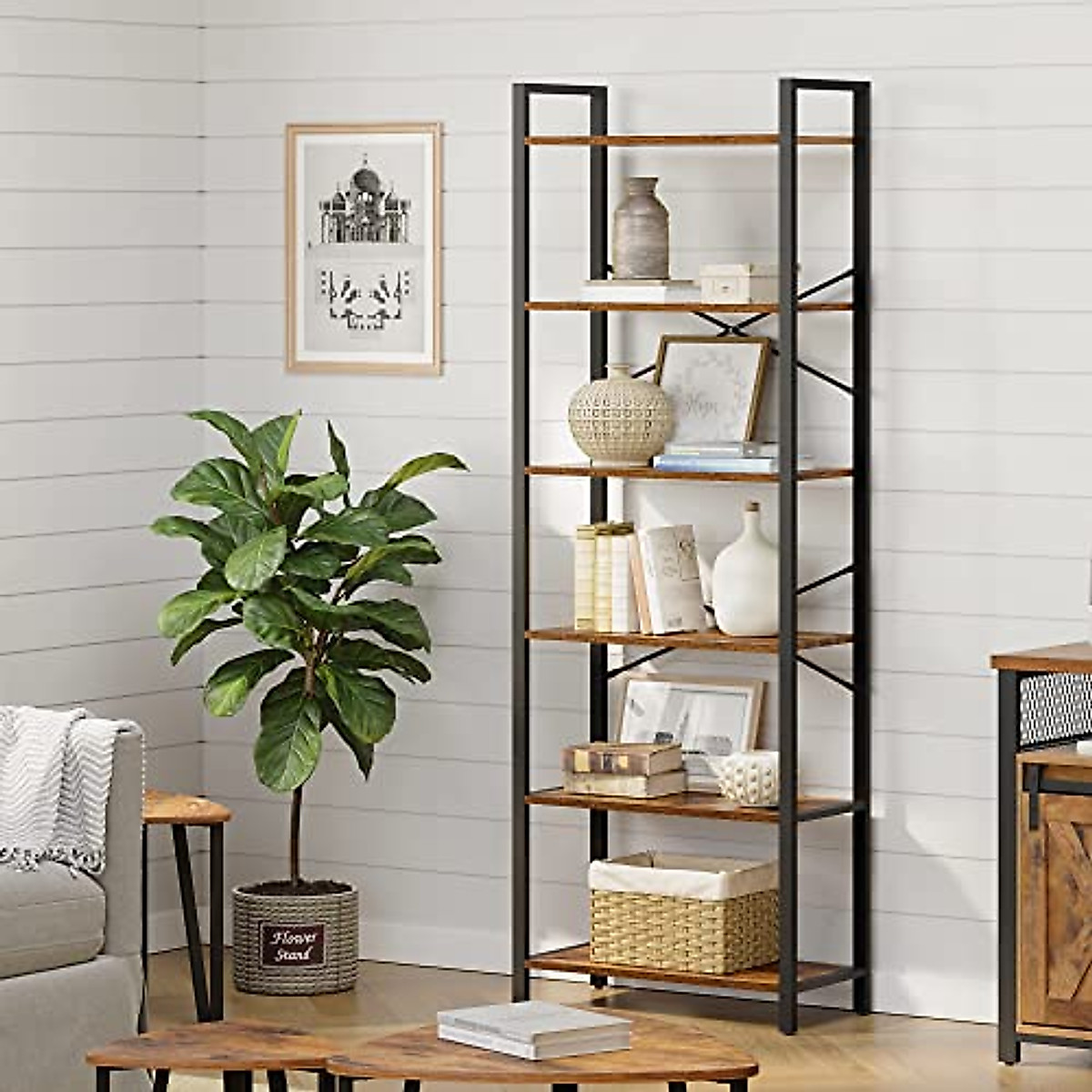 VASAGLE 6-Tier Tall Bookshelf, Large Bookcase with Steel Frame, Deep Book Shelf for Living Room, Home Office, Study, 11.8 x 26 x 73.2 Inches, Industrial Style, Rustic Brown and Black ULLS062B01