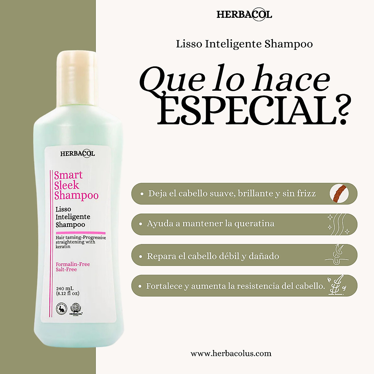 Herbacol Lisso Inteligente | Leave-in Cream | Natural Keratin Treatment | Anti-Frizz | 8.1 Fl Oz.