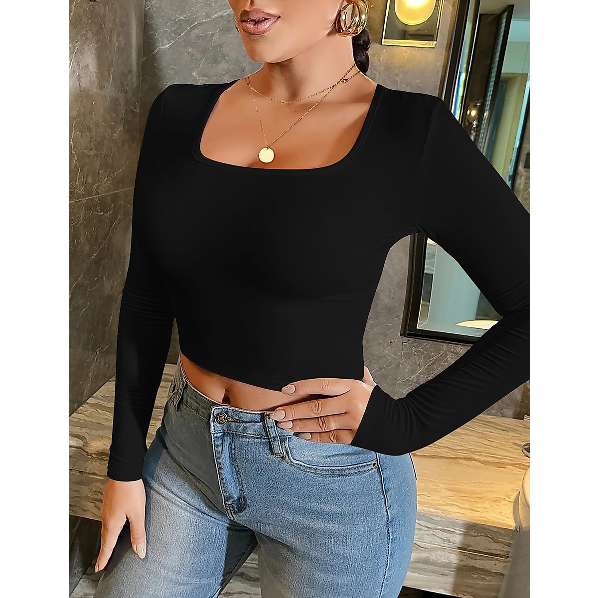 Ekouaer Womens Long Sleeve Tops Thermal Square Neck Shirt Basic Cotton Base Layer Stretchy T Shirt (Black, L)