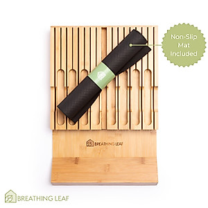 Drawer Knife Organizer - Bamboo Knife Block Insert - Holds 16 Knives + 1 Knife Sharpener (Knives Not Included) - Reliably Store, Secure & Organize Your Kitchen Knives In Cabinet - Free Up Counterspace