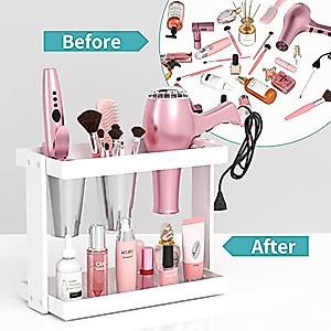 HIIMIEI Hair Tool Organizer, White Acrylic Blow Dryer and Curling Iron Holder, 2 Tier Bathroom Counter Storage, Vanity hairdryer Stand for Lotion Makeup Cosmetics Perfume Makeup Toiletries