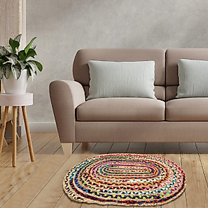 NAQSH Multicolor Handmade Braided Rugs - (2x3 Feet, Multi Jute+Cotton (Oval)