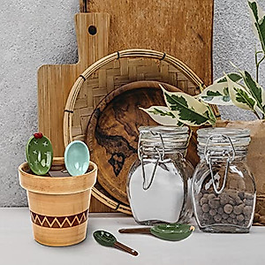 Cactus Measuring Spoons Set in Pot Cute Ceramic Kitchen Measuring Cups and Spoons Set with Holder for Baking Salt Sugar