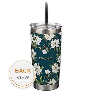 Christian Art Gifts Large Stainless Steel Double Wall Vacuum Insulated Travel Tumbler for Mothers: Love You, Mom, Inspiring Scripture, Hot/Cold, Flip Top Lid, Resusable Straw, Dark Teal Floral, 18 oz.