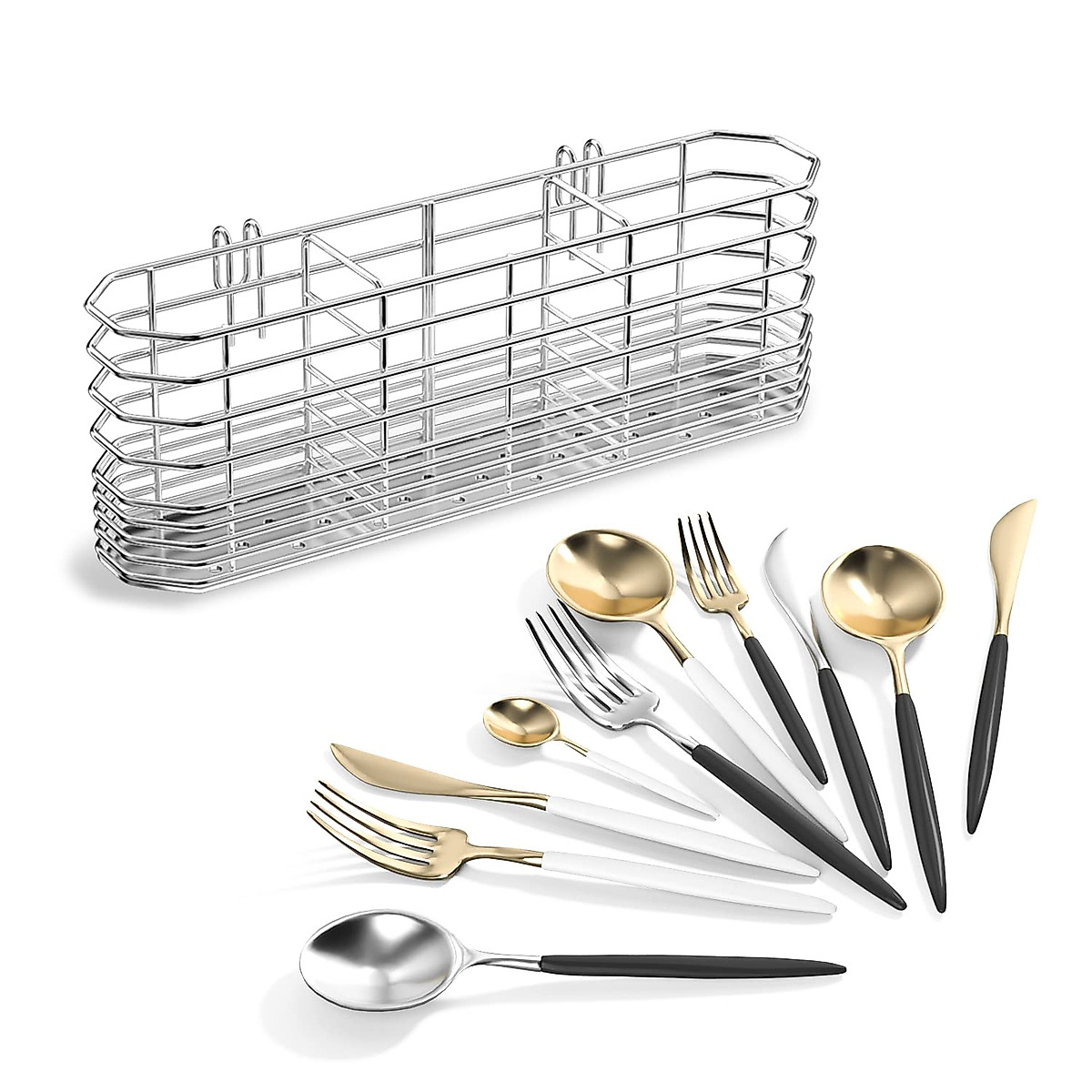 Utensil Holder for Sink , Sus304 Stainless Steel Rust Free Silverware Cutlery Flatware Holder Rack Organizer with Hooks for Dish Drying Rack Sink Dish Drainer in Kitchen Bathroom